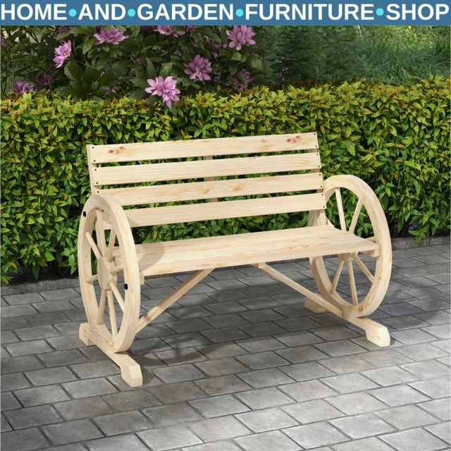 Rustic Wooden Garden Bench Wagon Wheel Design Outdoor Loveseat W/ by ...