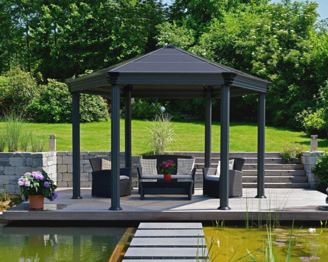 Garden Gazebo 3.6x4m Hexagonal Aluminium Frame Polycarbonate Roof Roma ...