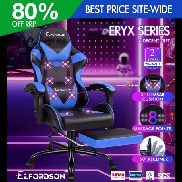 Elfordson Gaming Chair Office Massage Computer Racing Seat Pu Leather ...