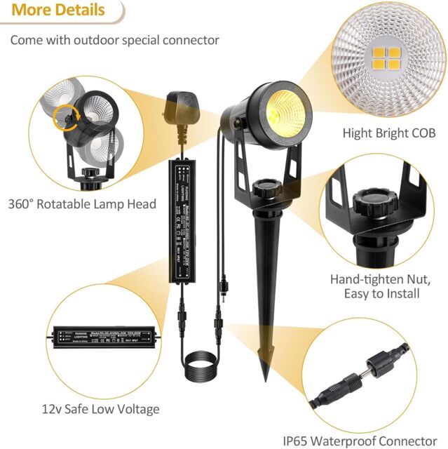 Ecowho Garden Spotlights Mains, 21m Extendable Garden Spike Lights 12v ...