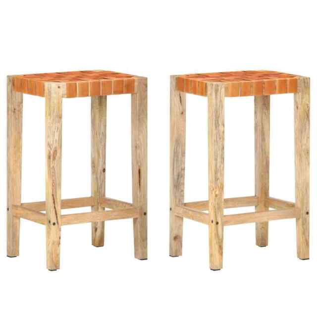 Solid Mango Wood 2x Real Leather Bar Stools Black/brown 60 Cm/75 Cm by ...