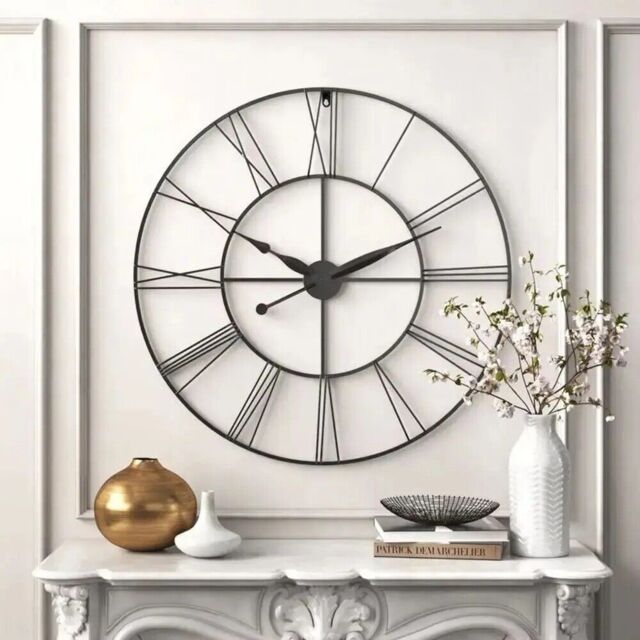 80cm Large Skeleton Metal Roman Wall Clock Big Numerals Giant Open by ...