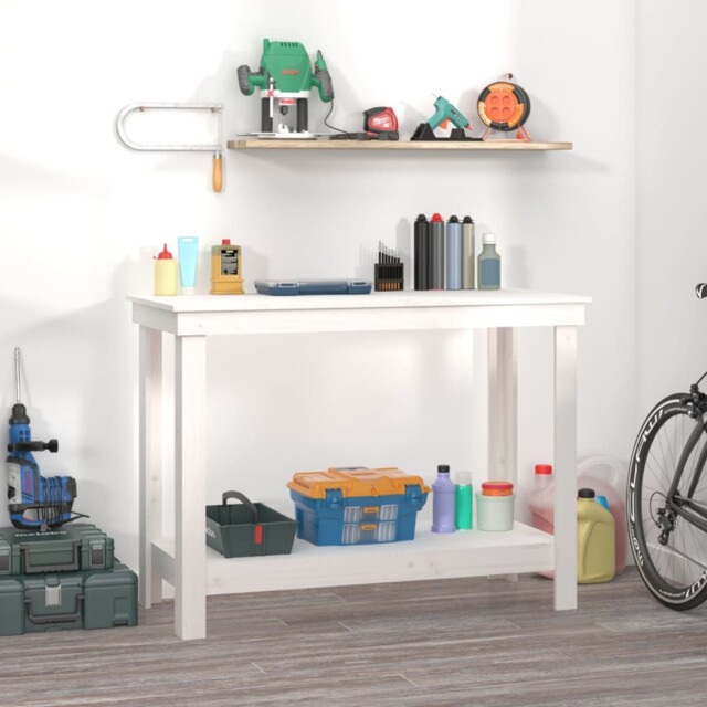 White Solid Pinewood Work Bench 110x50x80 Cm With Ample Storage Space ...