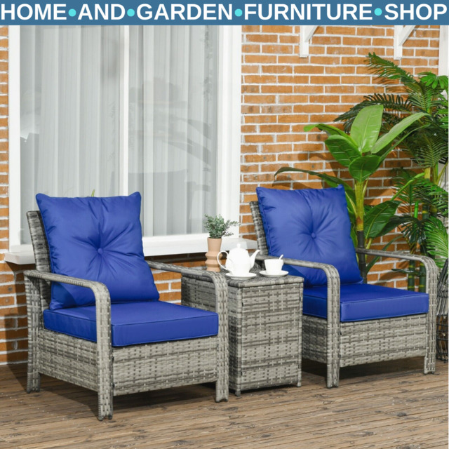 3 Piece Rattan Garden Seating Set With 2 Padded Chairs & Storage Table ...