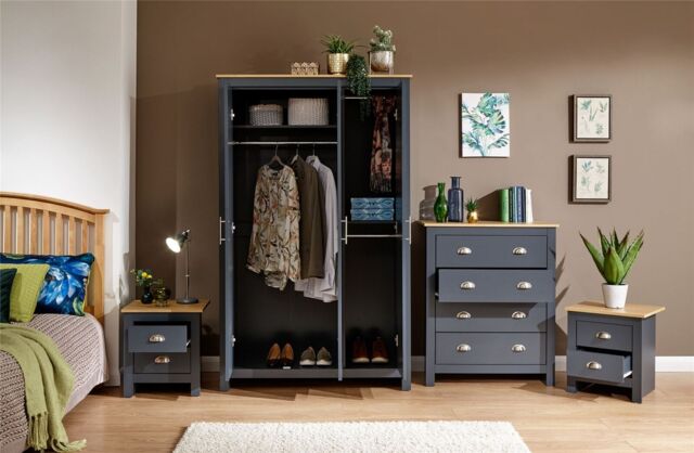 Lancaster Range 4 Piece Set 3 Door Wardrobe Bedside Table Drawer Grey by eBay | ufurnish.com