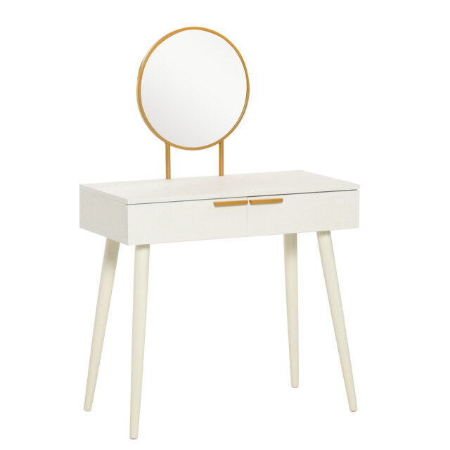 White Modern Dressing Table 80cm W/ 2 Drawers & Round Mirror, Rubber by ...