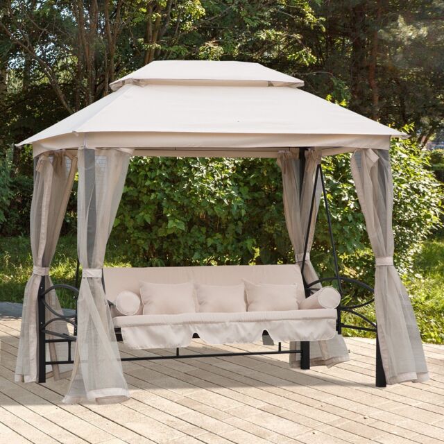 Outdoor 2-in-1 Convertible Swing Chair Bed 3 Seater Porch Cream White ...