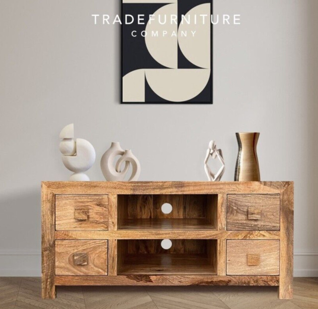 Solid Mango Wood Light Dakota 4 Drawer Media Unit Indian Furniture by ...