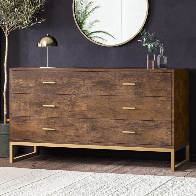 Chest Of Drawers Dark Mango Wood 6 Drawers Wide With Gold Legs And by ...