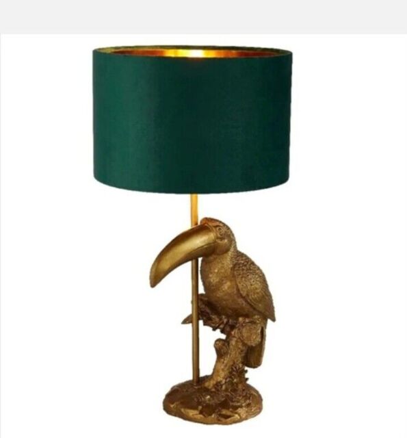 Toucan Gold Table Lamp Green Velvet Drum Shade Light Decoration 47cm by ...