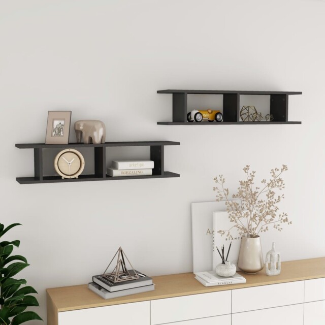 High Gloss Grey Wall Shelf Set, Engineered Wood, 90x18x20 Cm, 2 Pcs by ...