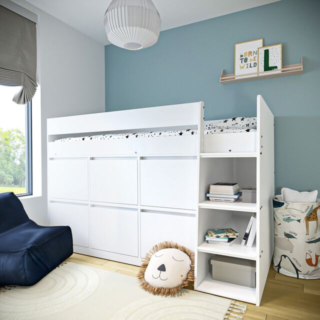 Single Mid Sleeper Cabin Bed White Wood With 6 Drawers And Ladder by ...