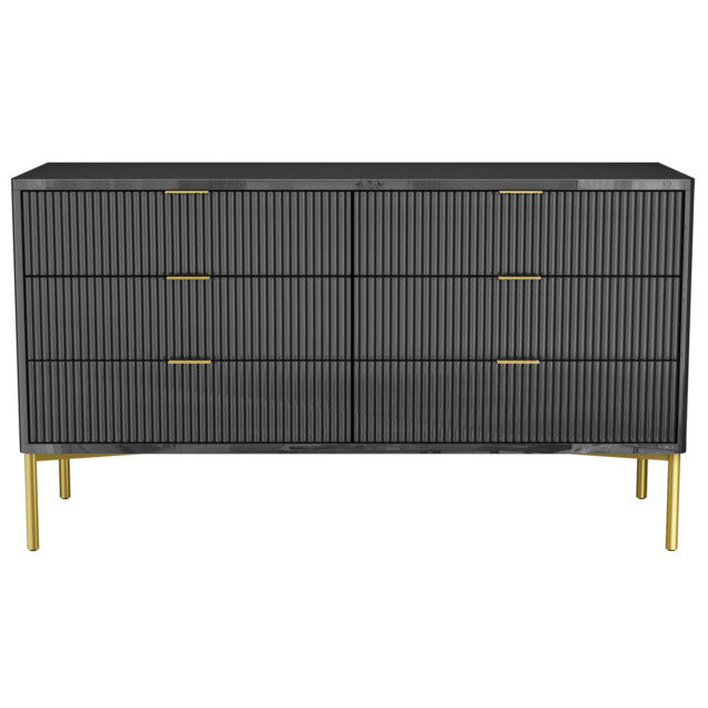 Chest Of Drawers Grey Gloss With 6 Ribbed Drawers Gold Handles Legs by ...