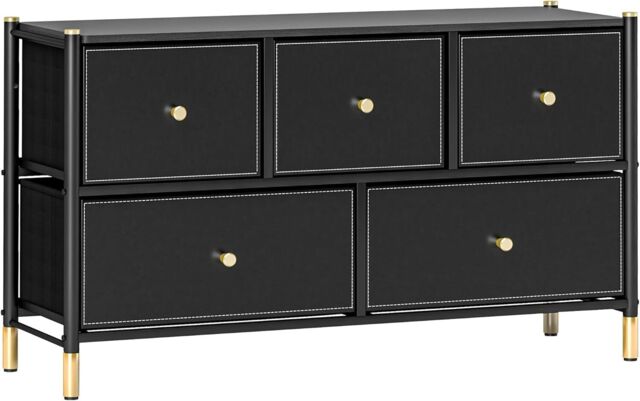 Large Chest Of Drawers 5 Drawer Cabinet Black Leather Panels Gold Legs ...