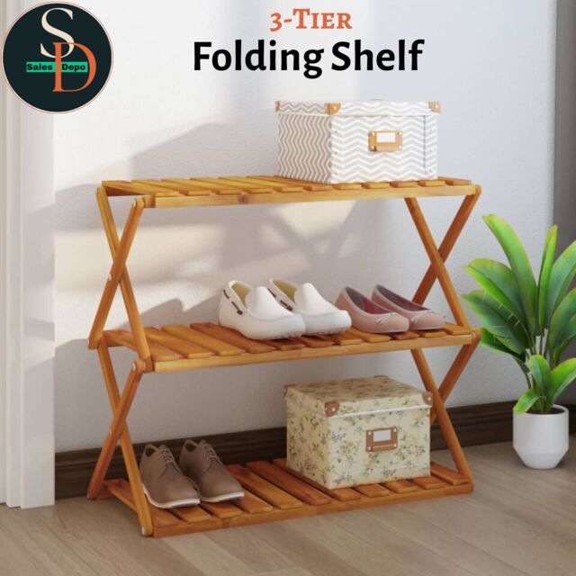 3-tier Folding Shelf Shoe Rack Shoe Storage Shelf Brown Solid Wood by ...