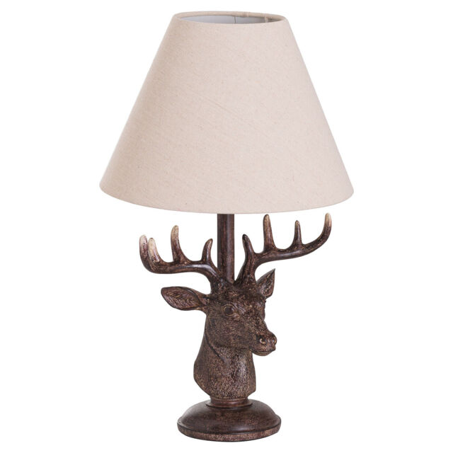 Rustic Deer Stag Head Antler Design Brown Table Lamp & Natural Linen by ...
