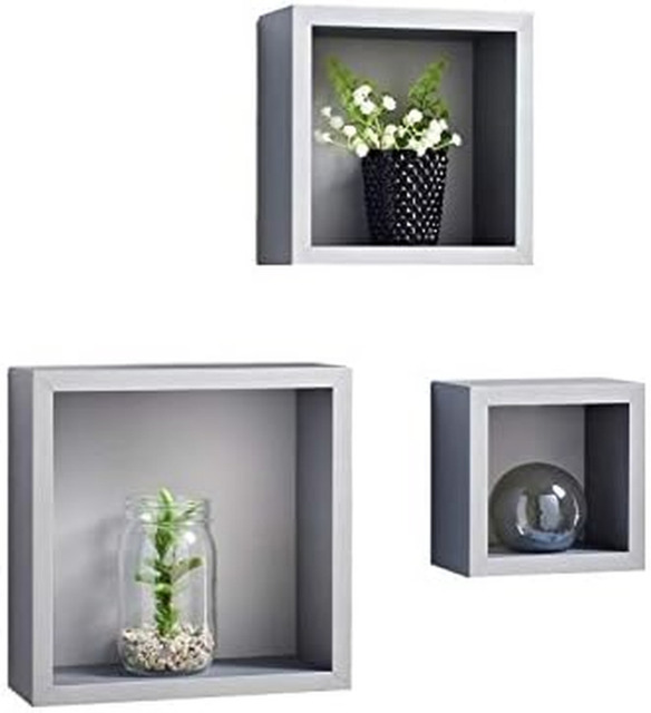 Invero Set Of 3 Cube Shaped Grey Floating Wooden Wall Mounted Shelves ...