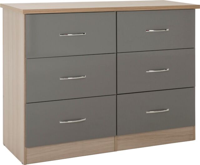 Nevada 6 Drawer Chest Of Drawers In Grey Gloss Light Oak Metal Runners ...