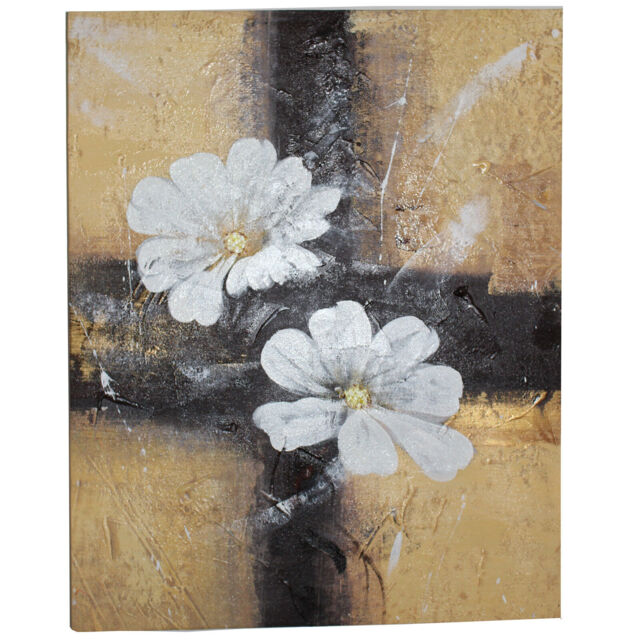 Textured Floral White Flower Ochre Yellow Black Wall Art Picture Print ...