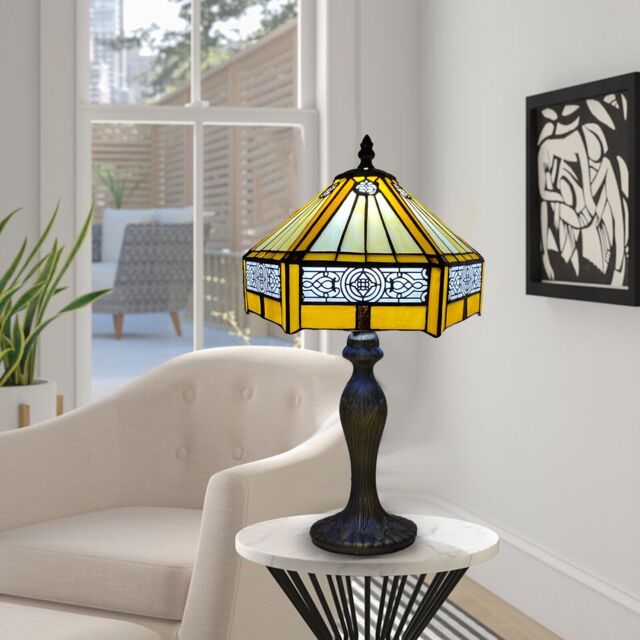 Tiffany Antique Style Yellow Hexagon 10 Inch Table Lamp Stained Glass ...