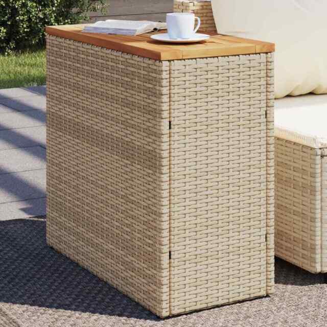 Garden Side Table With Wooden Top Beige 58x27.5x55 Cm Poly Rattan by ...