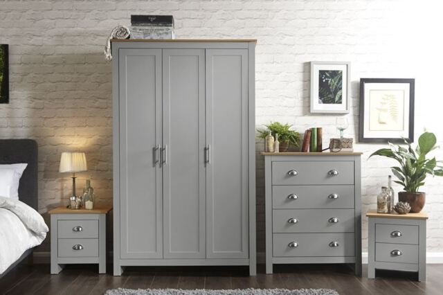 Lancaster Range 4 Piece Set 3 Door Wardrobe Bedside Table Drawer Grey ...