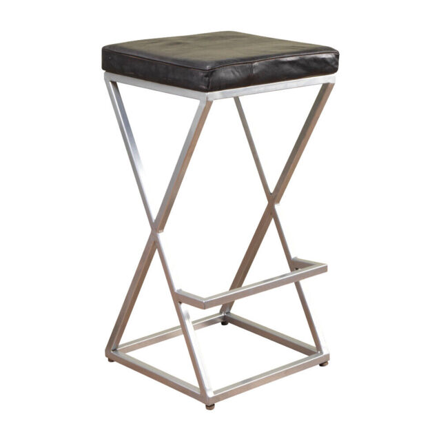 Padded Bar Stool Genuine Leather Triangle Iron Frame Artisan Style by ...