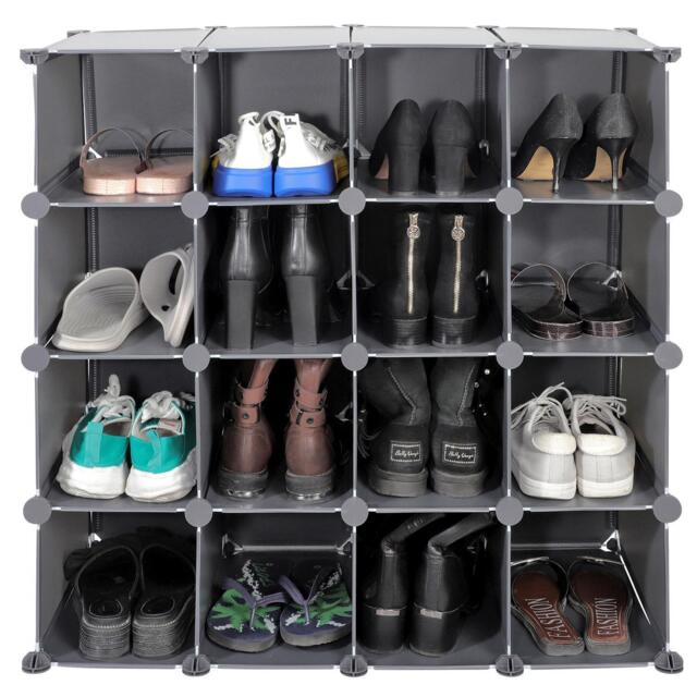 Interlocking 16 Section Multi-purpose Cube Shoe Storage Rack Organiser ...