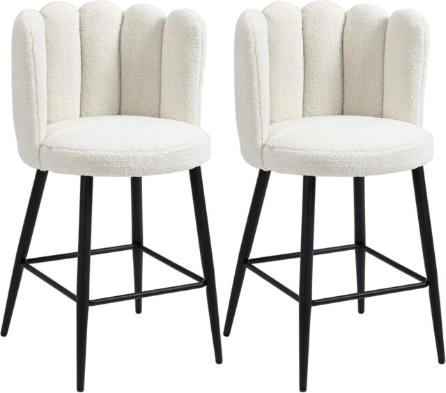 Set Of 2 Bar Stools Fluffy Fabric Shell Back Upholstered Breakfast Bar ...