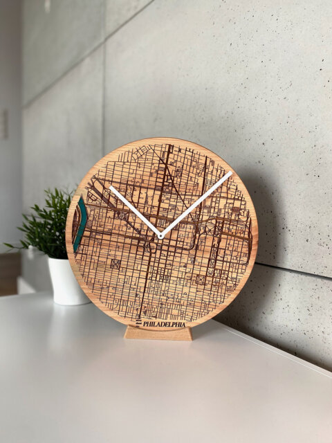 Philadelphia Wall Clock - Boho Clock Engraved Filled With Blue Resin ...
