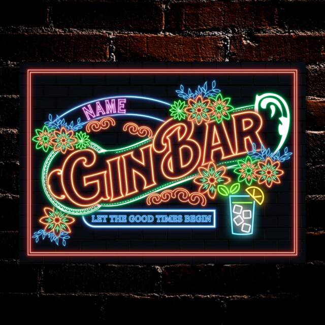 Personalised Gin Bar Classic Metal Plaque Wall Door Signs Neon Effect ...