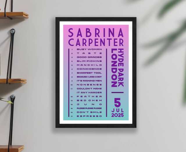 Sabrina Carpenter 2025 UK Ireland Setlist Poster Print - Hyde Park Gigs ...