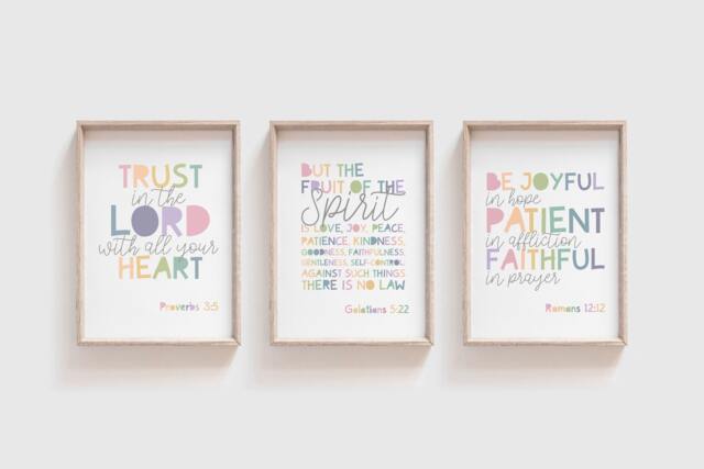 Set Of 3 Kids Bible Verse Prints, Christian Wall Art, Nursery Sunday ...