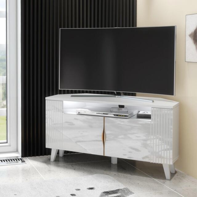 Furneo White Corner Tv Stand 100cm Unit Cabinet Matt & High Gloss ...