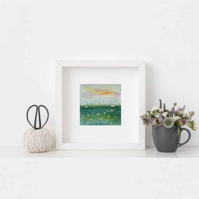 Textile Sunset Landscape With Little Woolly Sheep & Farmhouse Picture ...
