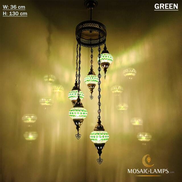 5 Medium Ball Spiral Chandelier, Turkish Mosaic Lamps, Five Globe ...