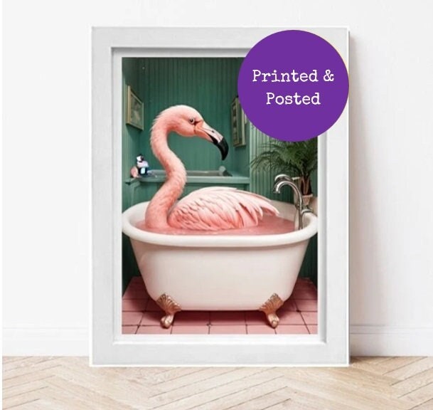 Pink Flamingo in Vintage Bath - Bird Animal Bathtub Teal Green Bathroom ...
