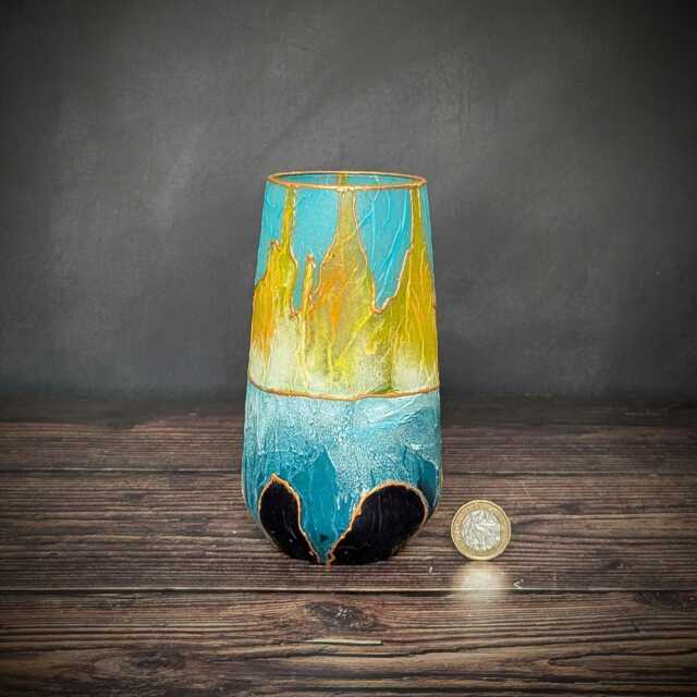 Yellow & Blue Vase Hand Painted Glass Unique Design Artisan Handmade Gift Preety Shelf Ornament ...