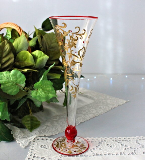 Fancy Tall Vase, Hand Painted, Handblown, Bud Gold Red Clear, Fine ...
