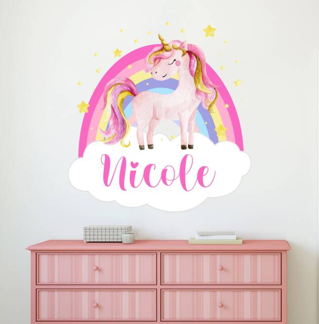 Personalized Rainbow Wall Decal - Girls Sticker Watercolor Unicorn ...