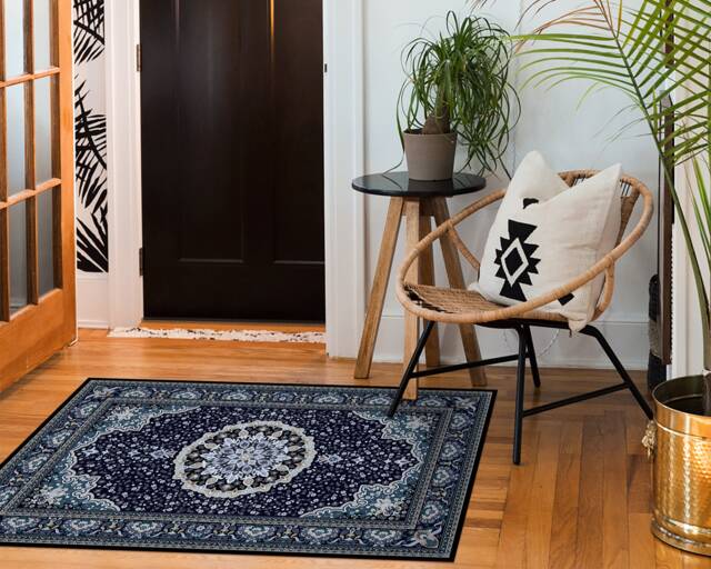 Tiny Flowers Pattern Rug Vinyl Mat, Blue PVC Gray Floor Botanic Rug ...