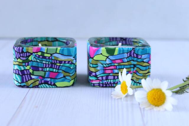 Glass & Polymer Clay Shabbat Tea Candle Holders, Set Of 2 Colorful ...