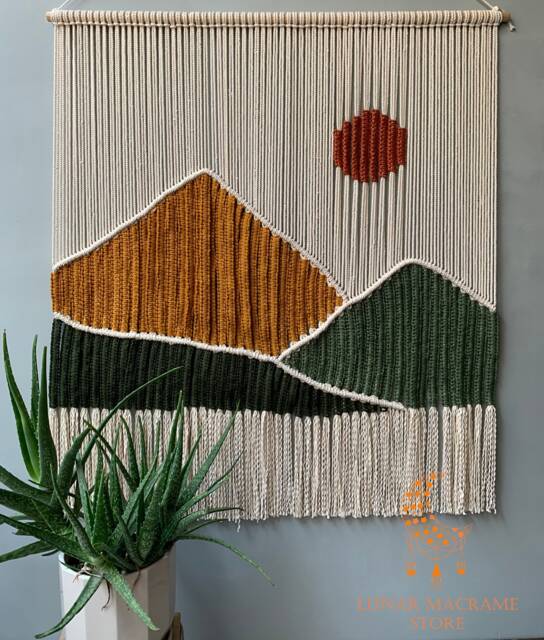 Macrame Mountain & Sun Wall Painting, Custom Large Macrame Hanging ...