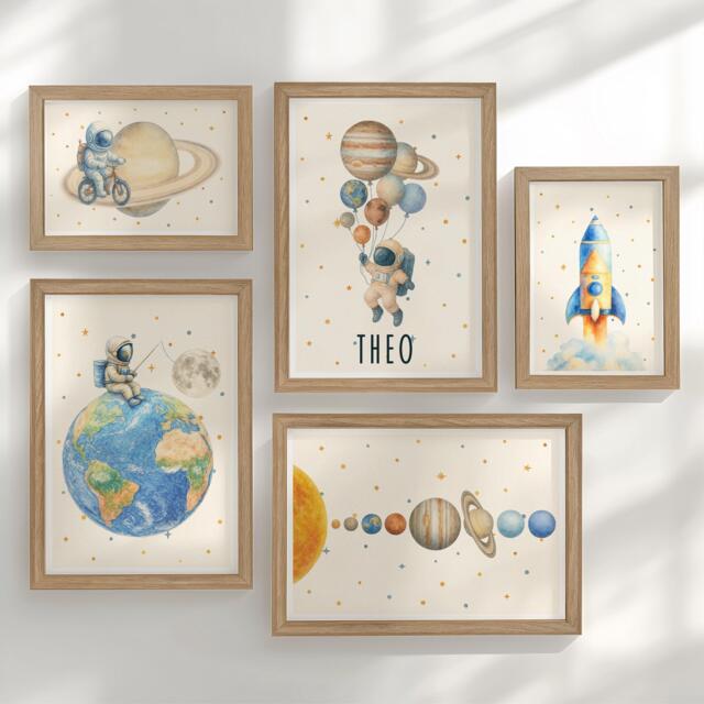 Space Nursery Gallery Wall Set, Kids Personalised Planet & Astronaut ...