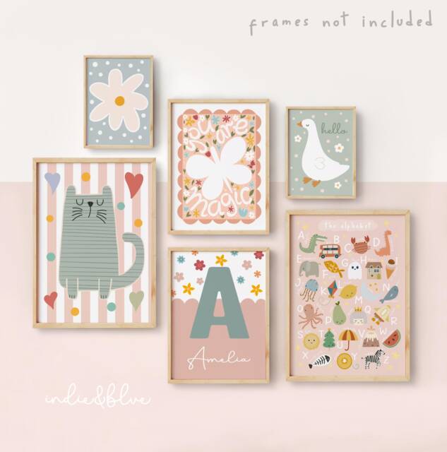 Set Of 6 Personalised Gallery Wall Prints, Girl Flower Bedroom Decor ...
