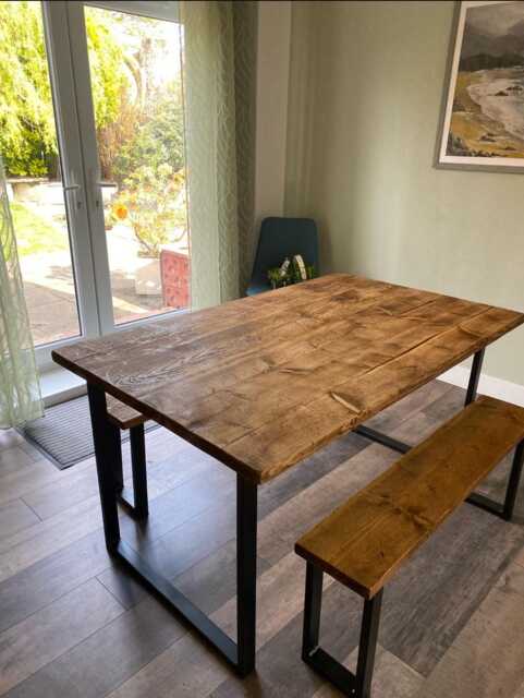 Industrial Dining Table & Bench Set With U Based Steel Rustic Legs Thick Reclaimed Wooden Top by ...
