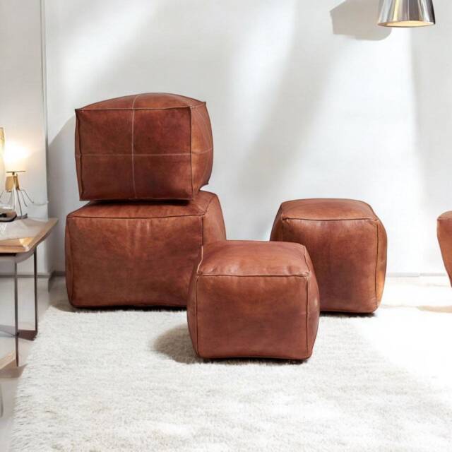 Moroccan Leather Pouf, Square Ottoman, Dark Brown Pouf, Leather Side ...