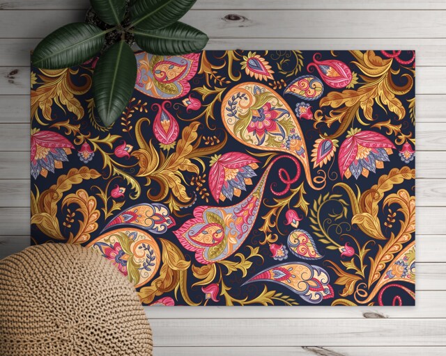 Black Paisley Pattern Vinyl Mat, Gold PVC Pink Floor Ornament Rug ...