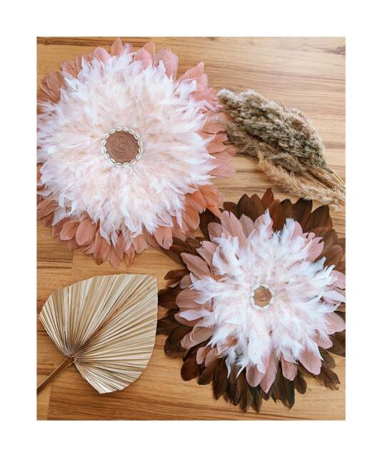 Set Of 2 Pink Juju Hats With Shells, Boho Decoration, Round Wall Decor ...