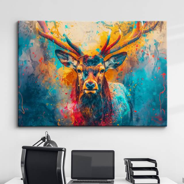 Colorful Deer Wild Animal Abstract Oil Painting Paint Splatter Wall Art ...
